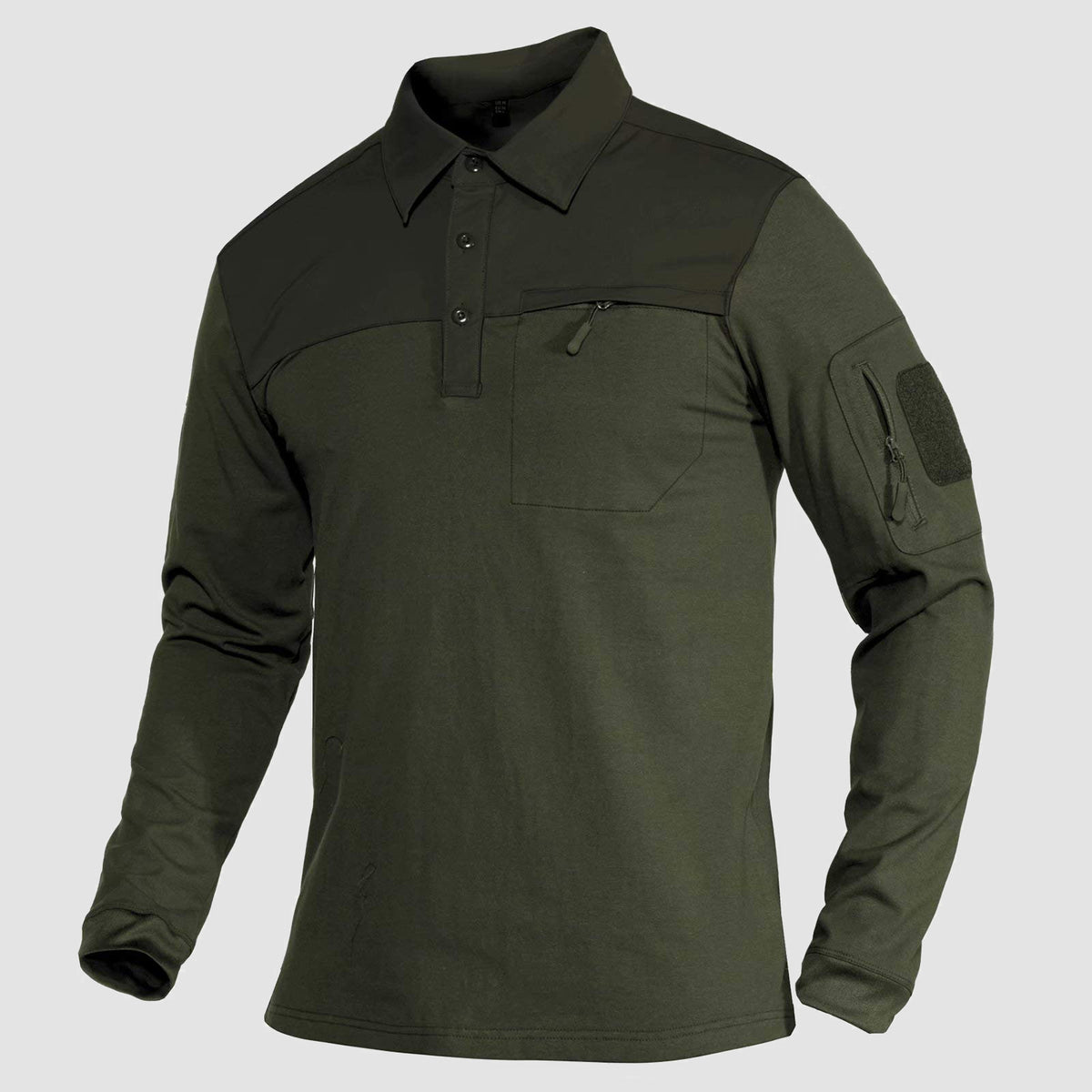 Men's Polo Shirts Long Sleeve with 2 Zipper Pockets Loop Patches Cotto ...